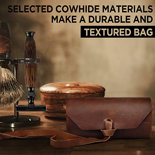 ZOMCHI Genuine Leather Safety Razor Case, Razor Travel Shave Case with Pouches for Blades, Shaving Kit (Brown)