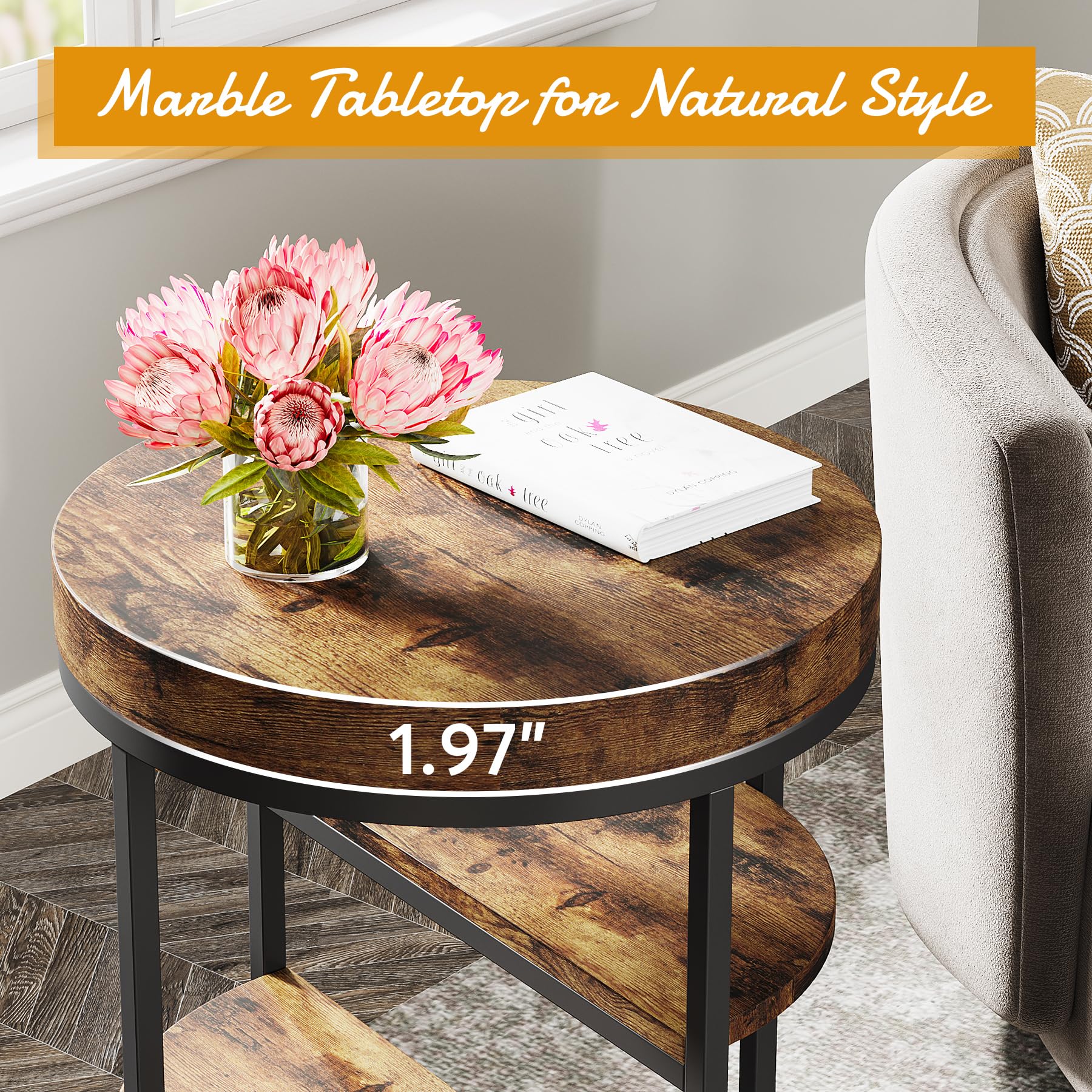 Tribesigns Round End Table, Small End Table with 3 Storage Shelves, Wood Side Table for Small Spaces, Industrial Sofa Side Table for Living Room, Rustic Brown Nightstand and Bedside Table for Bedroom