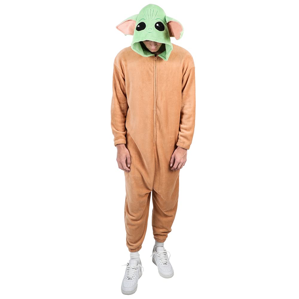 Star Wars The Mandalorian Baby Grogu Hooded Kigurumi Union Suit Pajama Onesie with Ears-Medium Brown