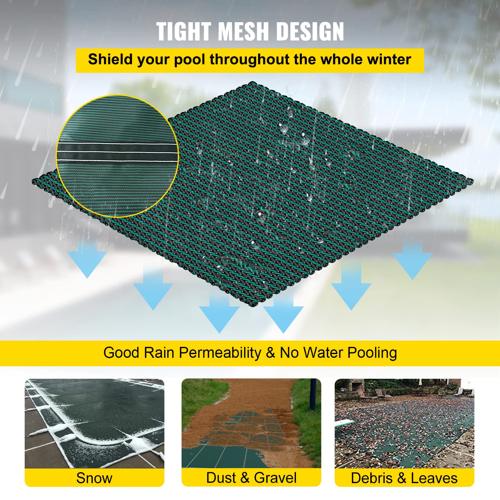 VEVOR Inground Pool Safety Cover, Fits 20 ft x 40 ft Rectangular Winter Pool Cover with Right Step, Triple Stitched, High Strength Mesh PP, Good Rain Permeability, Installation Hardware Included