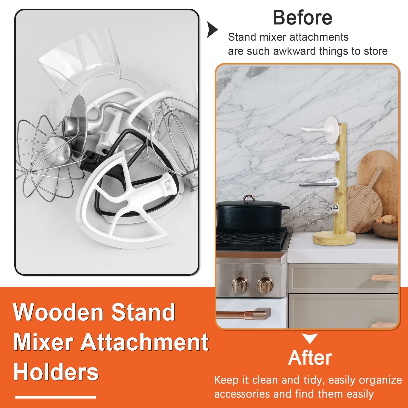 Trycooling Stand Mixer Attachment Holder Wooden Stand Mixer Holders with 4-Pack Hooks Kitchen Accessories Organizer for Space Saving Storage Dough Hook Flex Edge Beater