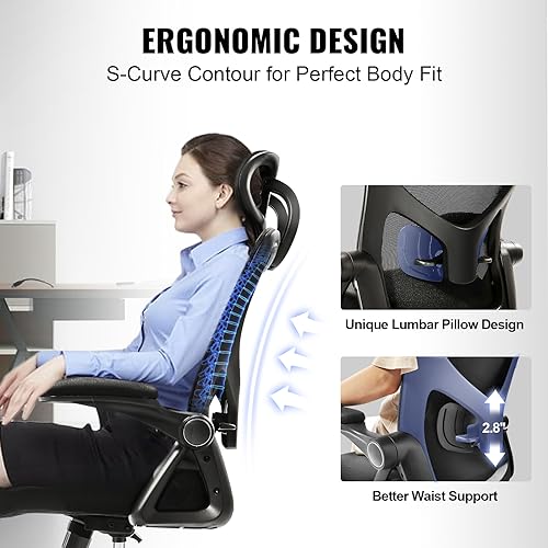 VEVOR Office Chair, High Back Ergonomic Desk Chair with Adjustable Lumbar Support & Headrest, 2D Armrest, Polypropylene Chair for Home Office, Black, 286 lbs Capacity