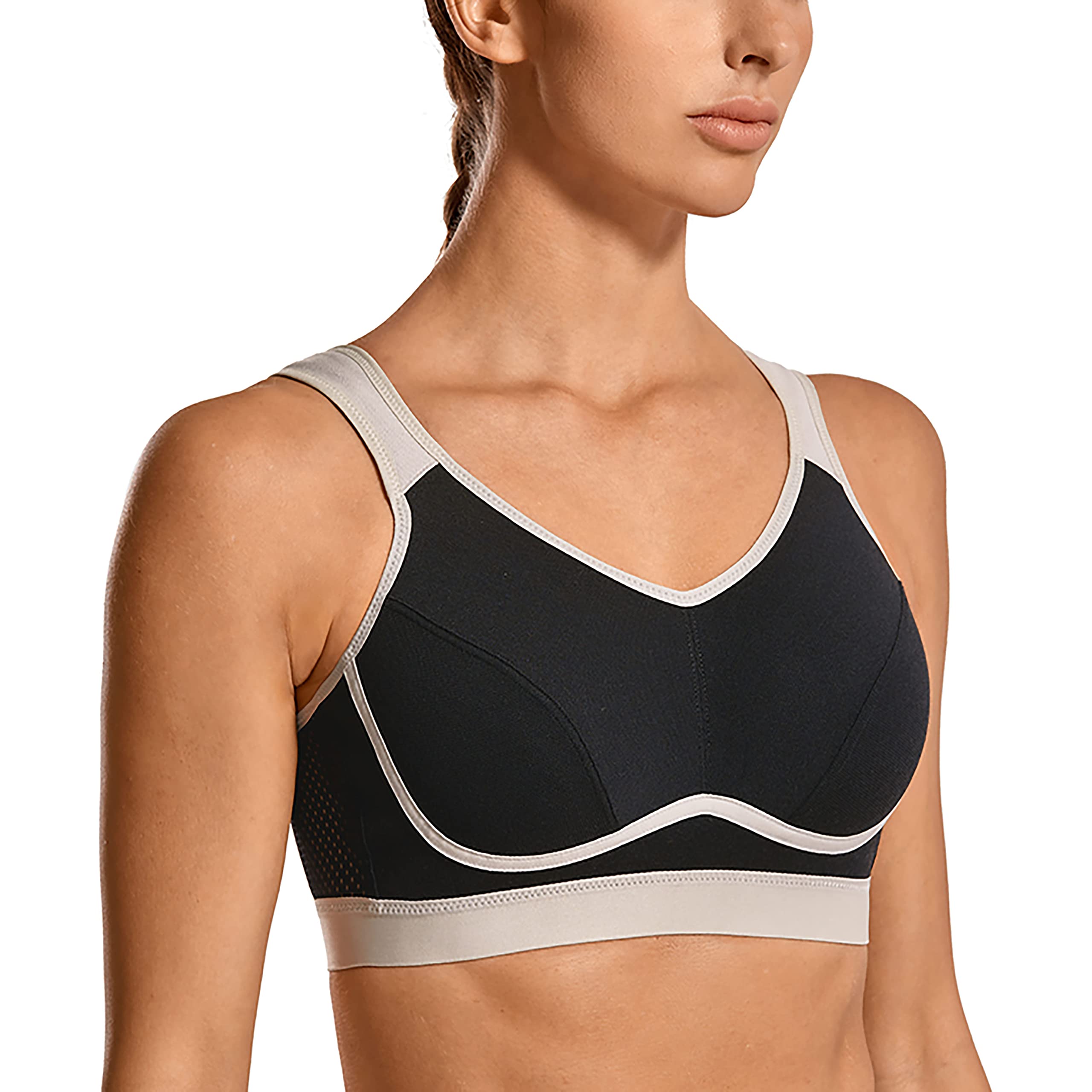SYROKAN Women's Sports Bra Wireless Comfort High Impact Support Bounce Control Plus Size Workout Bra Black/Grey-2 32C