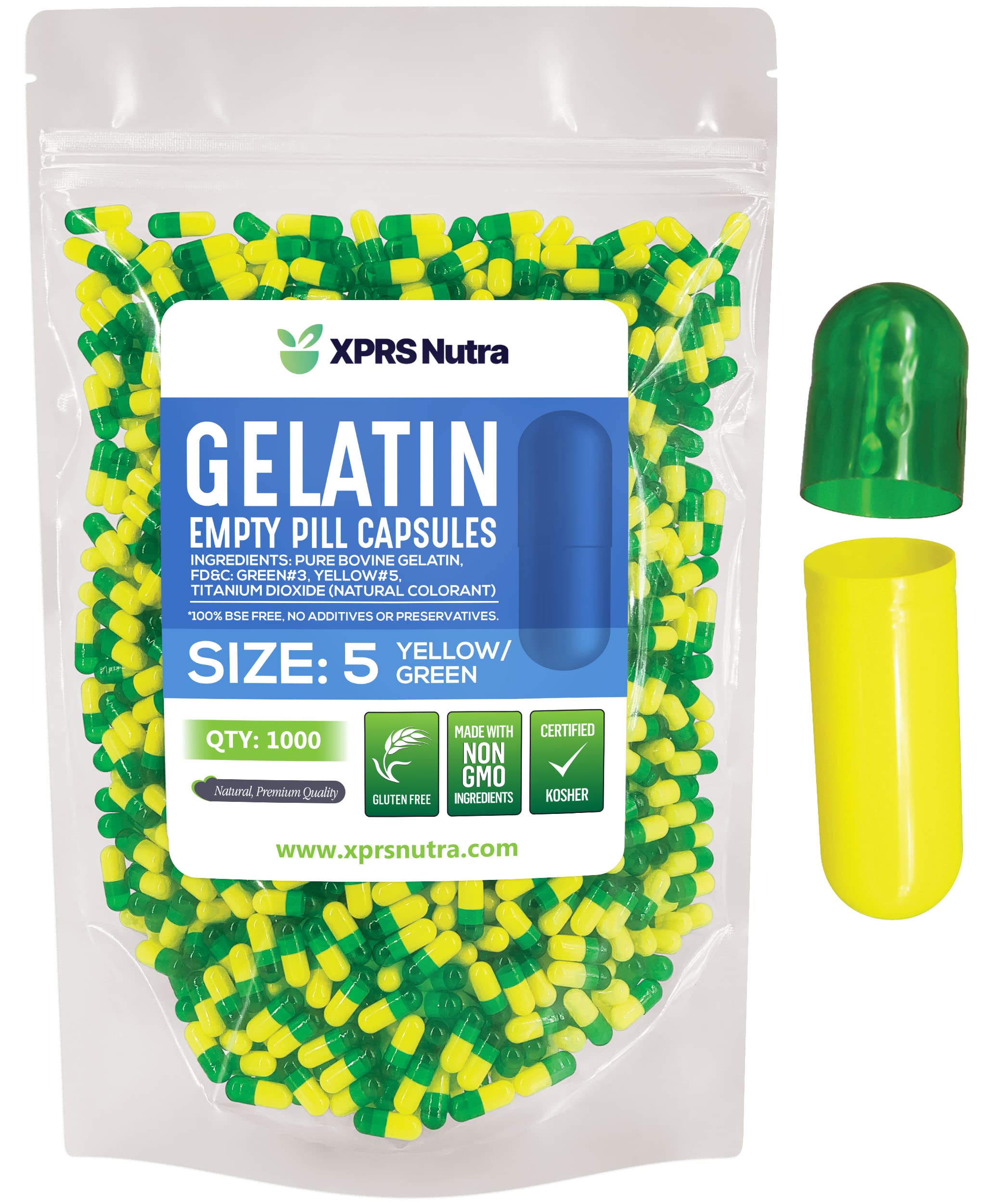 XPRS Nutra Size 5 Empty Capsules - 1000 Count Very Small Empty Gelatin Capsules - Empty Pill Capsules for DIY Capsule Filling - Fillable Pill Capsules Empty Gel Caps (Green/Yellow)