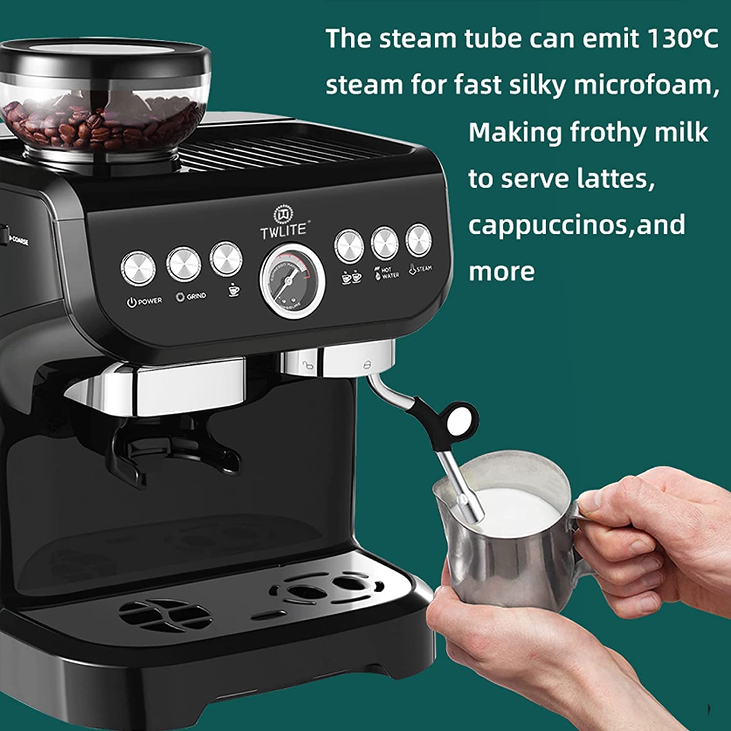 Trustmade Premium Espresso Machine Coffee Maker with Milk Frother, Coffee Grinder, Commercial Coffee Maker Automatic Stainless Steel, Removable Parts for Easy Cleaning,15 Bar
