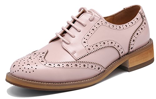 U-lite Women's Perforated Lace-up Wingtip Leather Flat Oxfords Vintage Oxford Shoes Brogues (9.5, Pink)