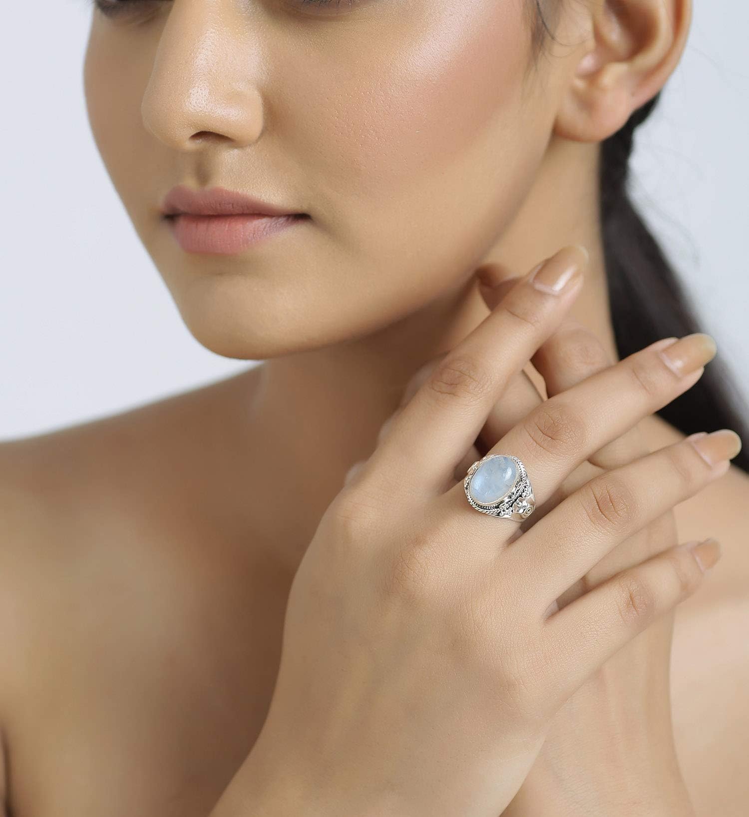 YoTreasure 10x14 mm Moonstone Ring 925 Sterling Silver Jewelry