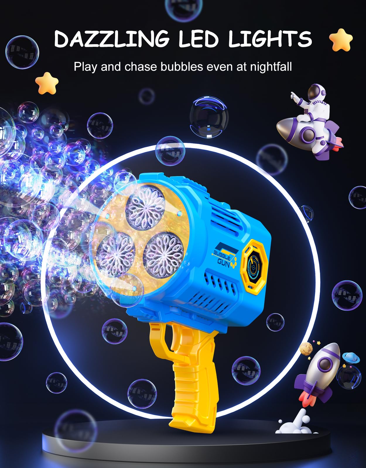 Vewaci Bubble Machine Gun [10,000 Bubbles/Min] [LED Light] Bazooka Bubble Gun, Rechargeable Bubble Blower for Age 3+ Kids/Adults, Birthday Gift Summer Toy for Outdoor Wedding Party