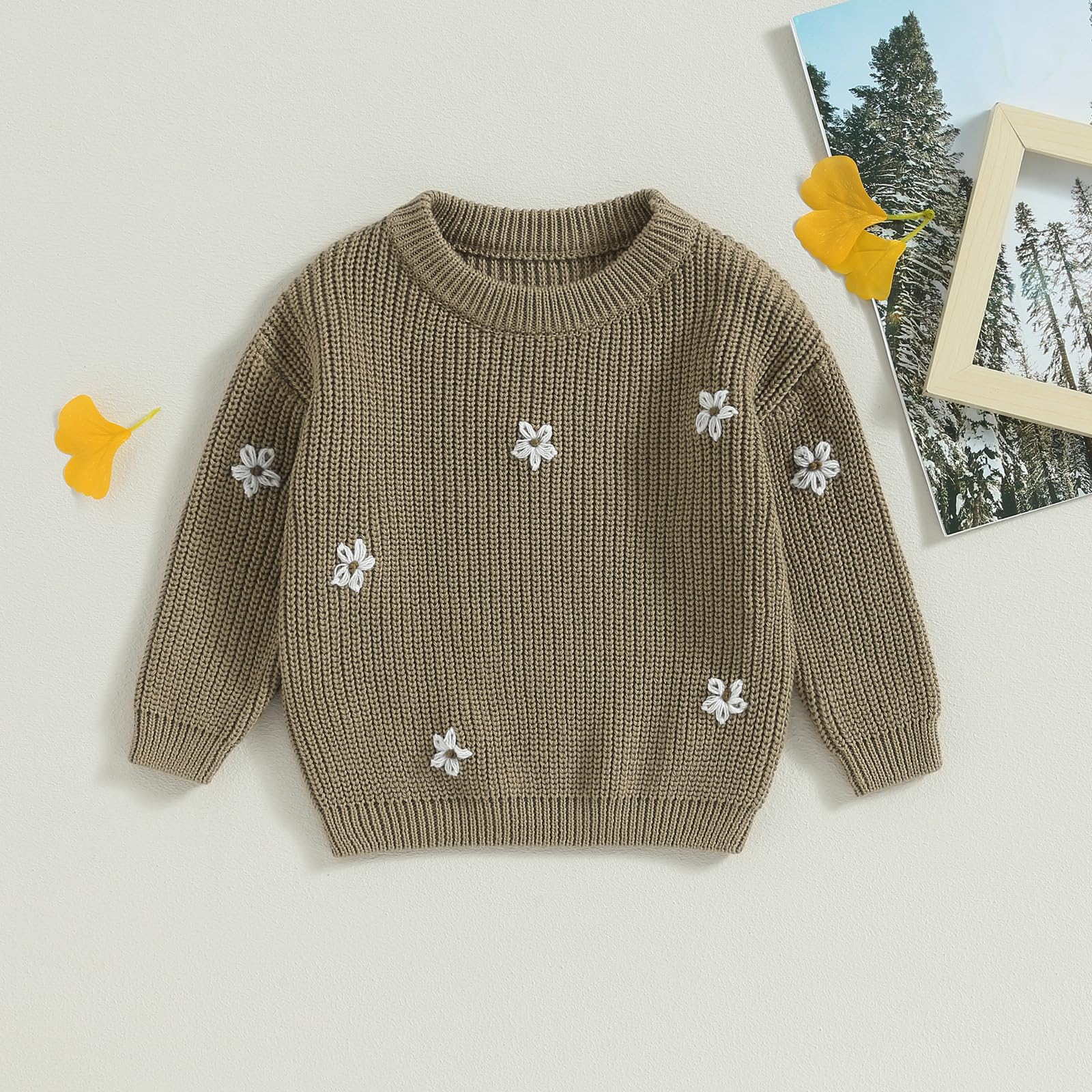 Toddler Baby Girl Boy Knit Sweater Round Neck Long Sleeve Pullover Sweatshirt Fall Winter Clothes (Flower Khaki, 2-3 Years)