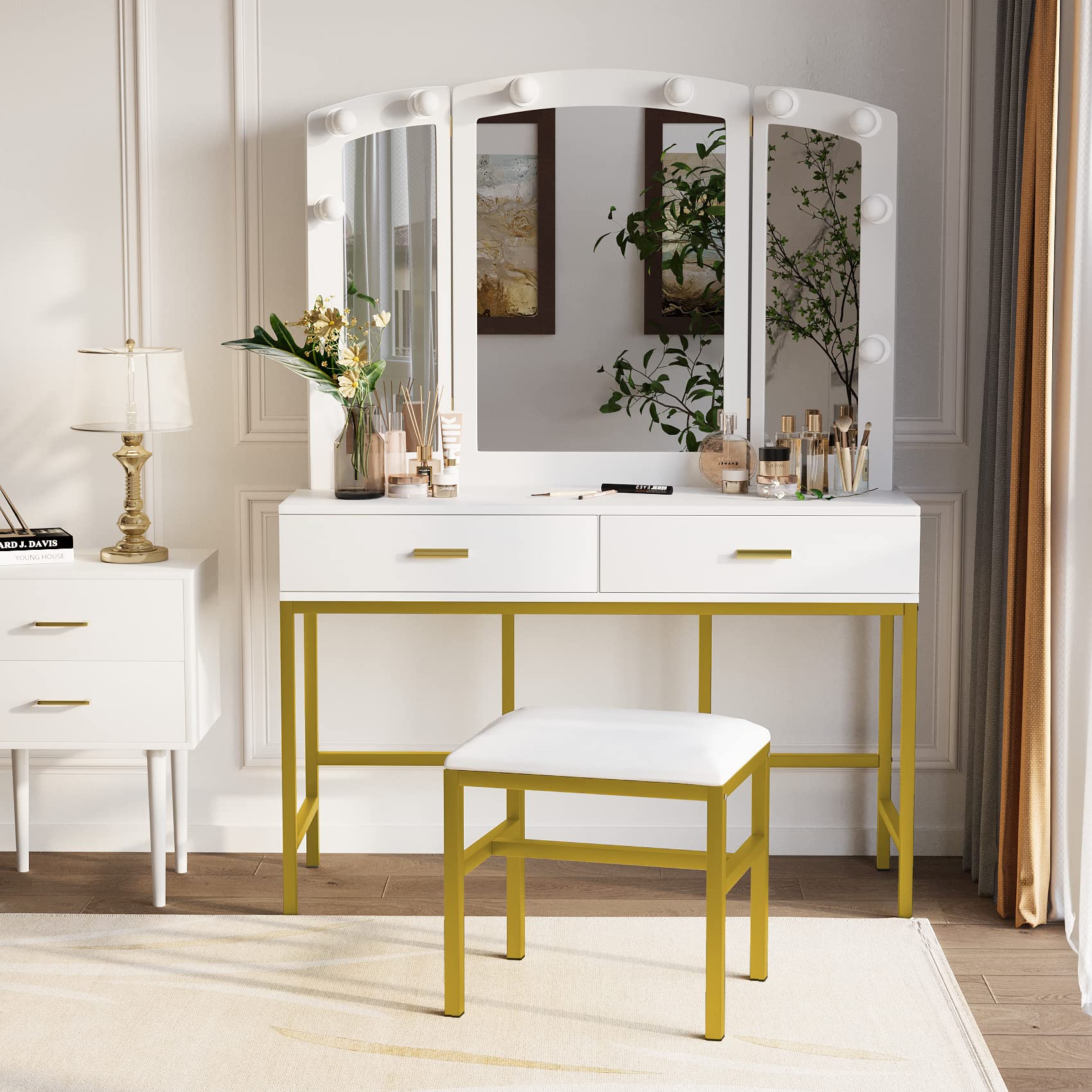 Semiocthome White Vanity Mirror with Lights and Table Set with 2 Drawers, 10 LED Lights Makeup Vanity Desk with Stool, Make Up Vanity Mirror lit with Gold Frame Dressing Table and Chair Upgrade-White
