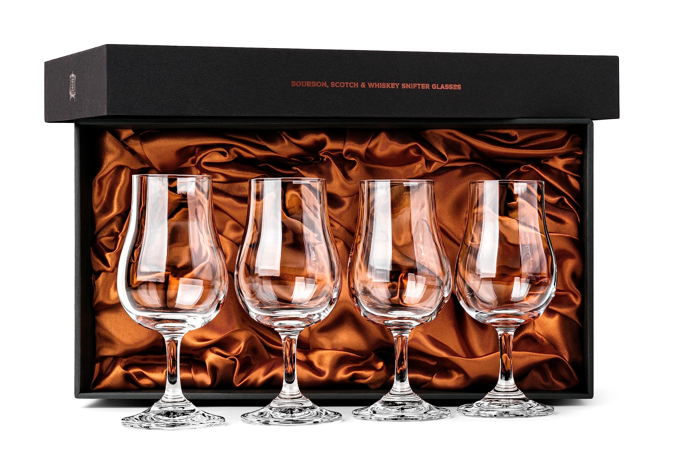 Whiskey, Scotch, Bourbon Tasting Glasses | Set of 4 Crystal Snifters | Professional 4 oz Tulip Shaped Nosing Copitas with Short Stem | Small Stemmed Gift Sniffers for Sipping Neat Liquor