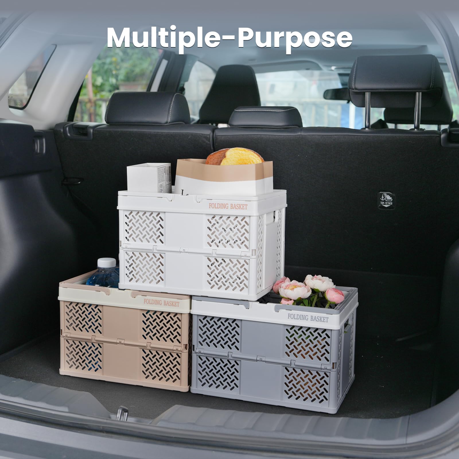 TRZZ 2-Pack Plastic Storage Baskets with Handle, Collapsible Hanging Basket for Organizing, Pastel Storage Crates for Car, Kitchen, Office, Bathroom, and Picnic Organizing, White+Gray. (12.2"x9"x8.2")
