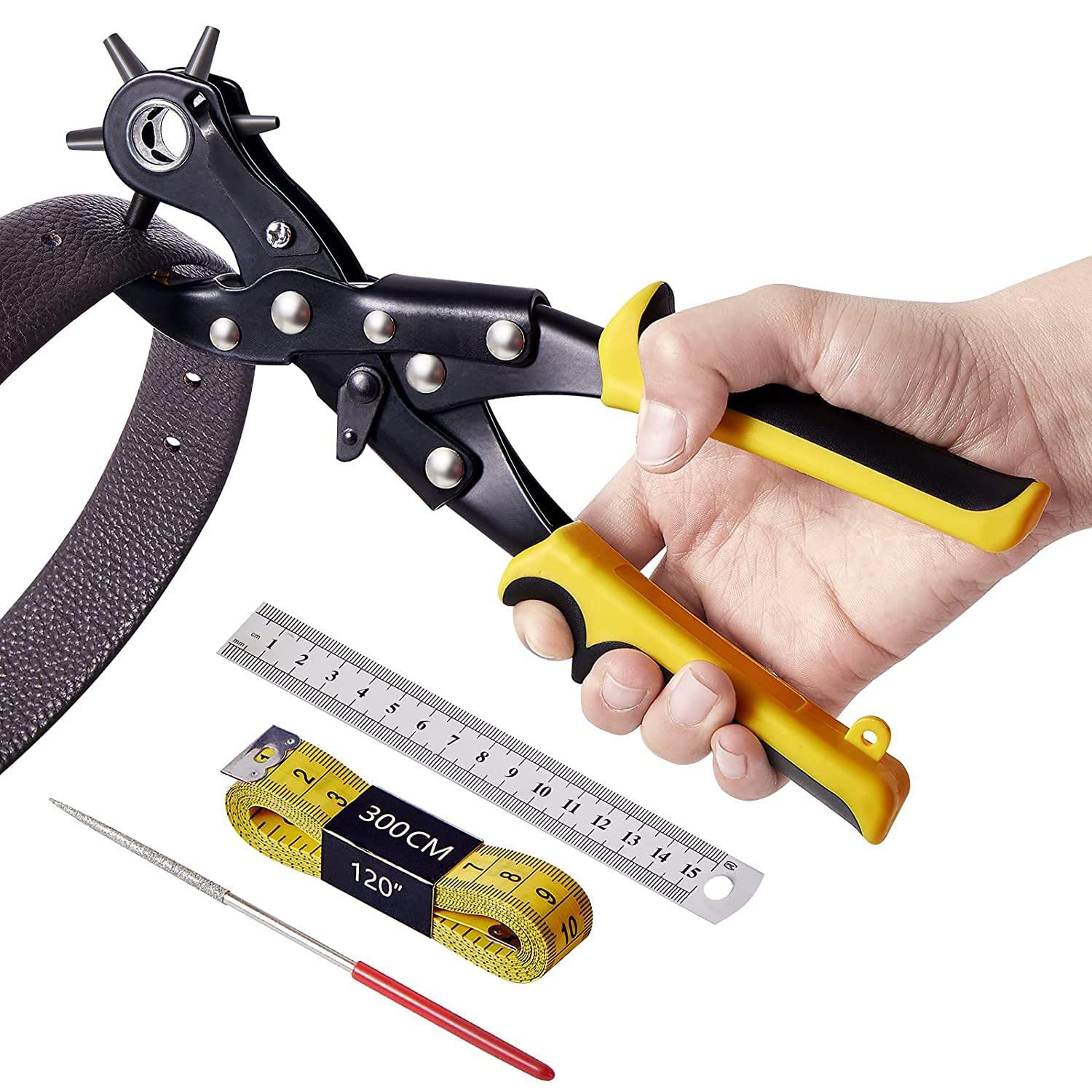 ROUPHY Hole Punch Plier Sets for Leather Belts,Dog Collars,Watch Straps,Saddles,Shoes,Fabric, Paper,Cards,Labor Saving Design,Heavy Duty Rotary Hole Maker Tools for Home DIY or Craft Projects