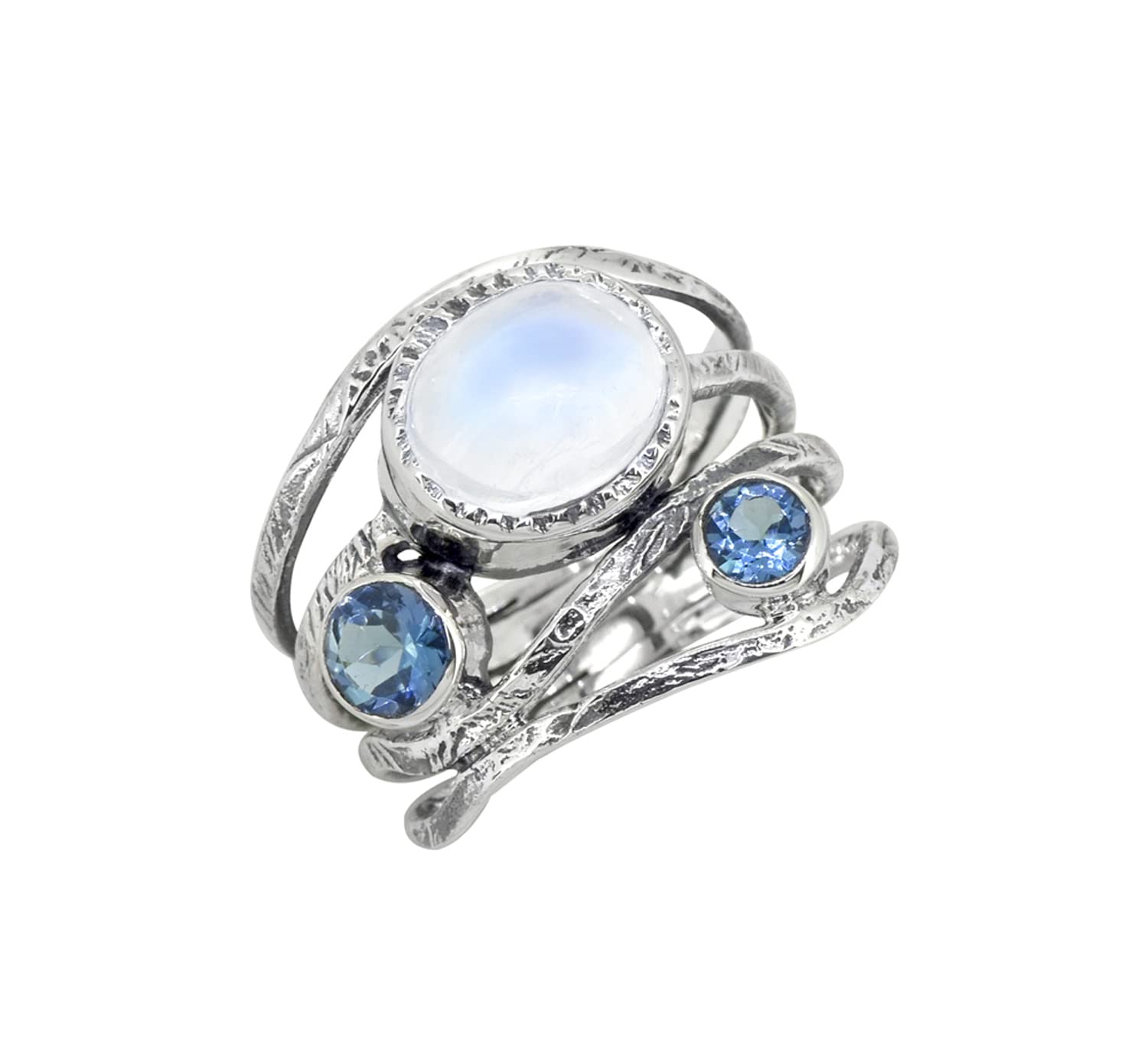 YoTreasure 8x10 MM Moonstone & London Blue Topaz Solid 925 Sterling Silver Bypass Ring