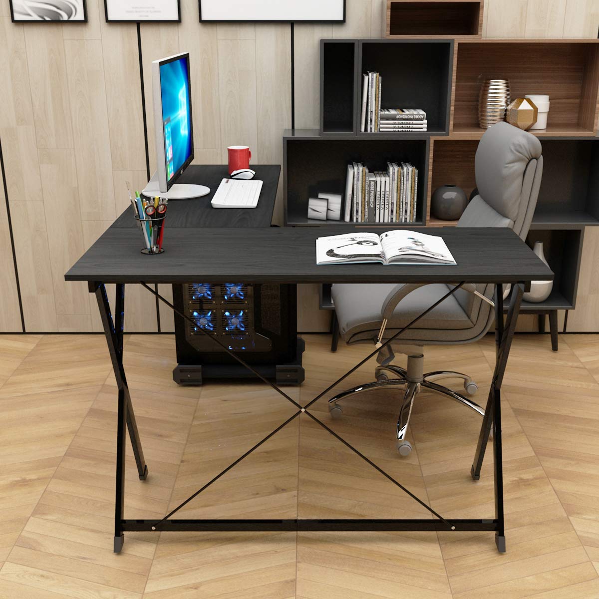 sogesfurniture L-Shaped Desk Corner Table Computer Desk Workstation Desk PC Laptop Office Desk L Desk, Black BHUS-ZJ1-BK