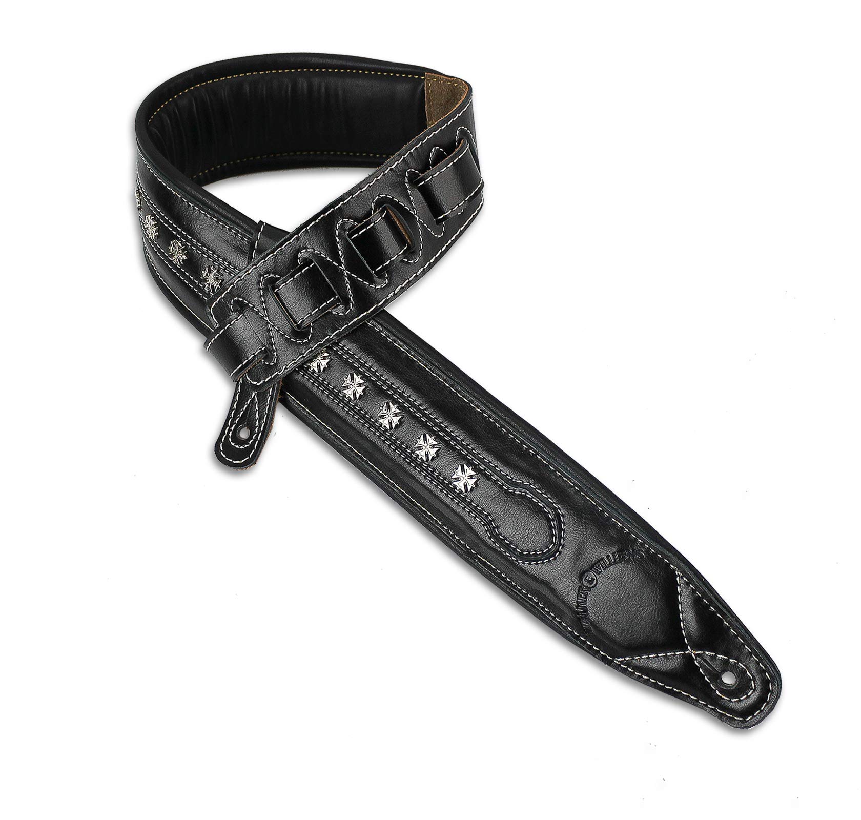Walker & Williams C-35-BLK Smooth Texture Premium Black Full Grain Leather Soft Padded Guitar Strap with Metal Crosses For Acoustic, Electric, And Bass Guitars