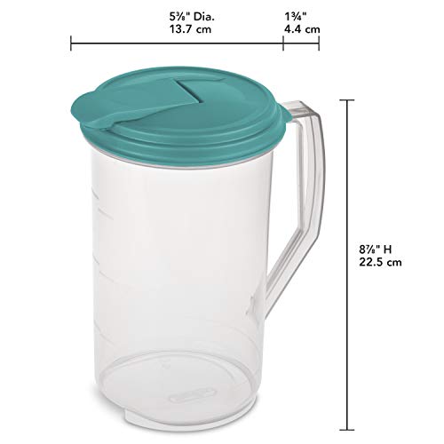 Sterilite 2 Qt Round Pitcher, Spout and Handle for Easy Pouring of Water or Juice, Plastic, Dishwasher Safe, Clear w/Teal Lid, 6-Pack