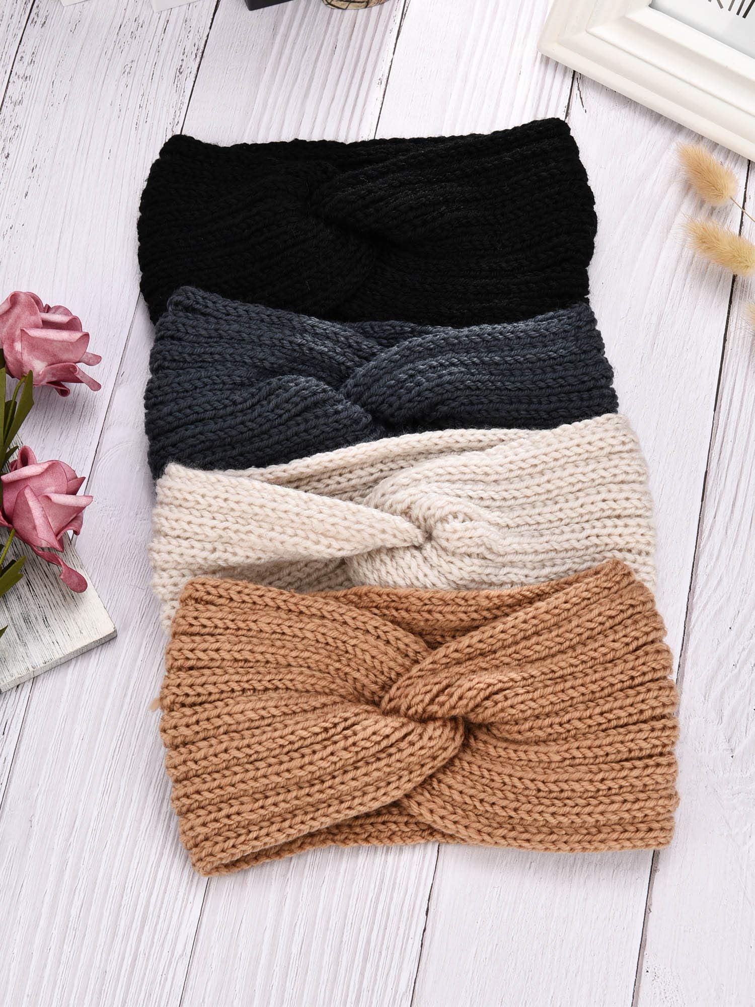 TecUnite 4 Pieces Chunky Knit Headbands Braided Winter Headbands Ear Warmers Crochet Head Wraps for Women(Black, Dark Grey, Camel, Beige)