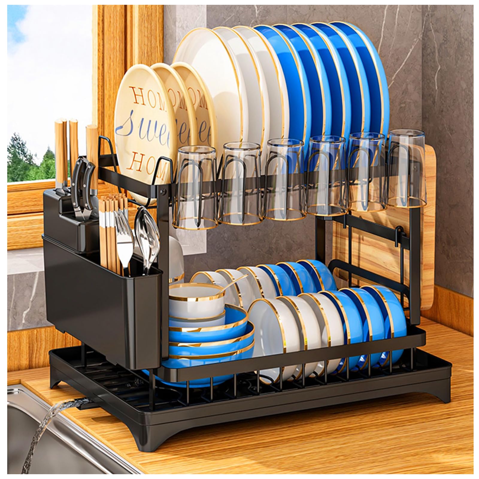 ZHIDENGWJ Stainless Steel Dish Drying Rack with Drainboard Set,2 Tier Large Dish Racks for Kitchen Counter, Detachable 2-in-1 Large Black Capacity Dish Drainer Organizer for Kitchen Counter