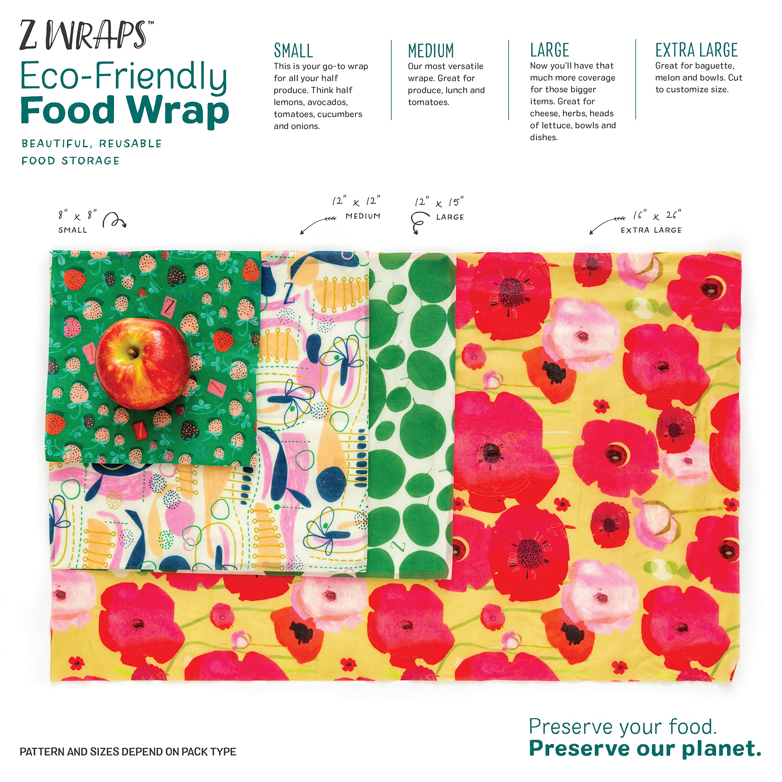 Z Wraps - Reusable Beeswax Food Wraps - Assorted 3-Pack (S, M, L) - Made in USA with 100-Precent Cotton, Organic Beeswax and Jojoba Oil - Leafy Greens