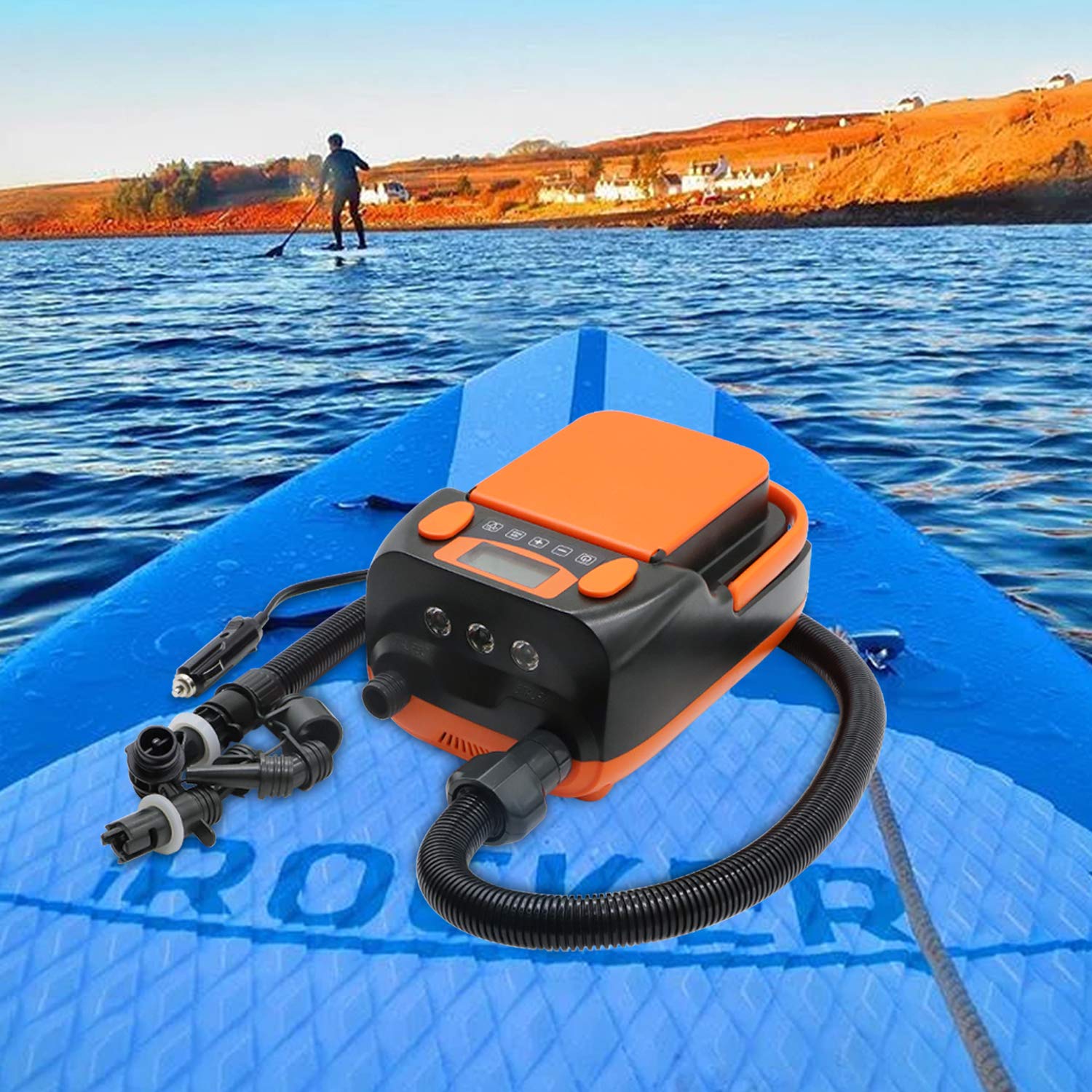 Tuomico Rechargeable LCD Electric Air Pump with 2 USB Ports, Max 16PSI SUP Pump with 6 Nozzles & 3 LED Lights for Boats, Stand Up Paddle Board, Dual Stage Inflation & Auto-Off Feature