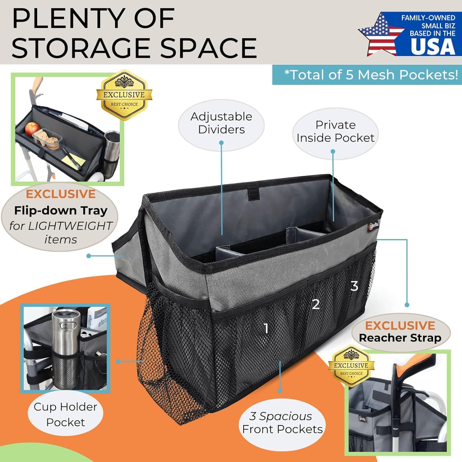 Walker Basket for Folding Walker +Flip-Down Walker Tray +Reacher/ Cane Holder Strap + Cup Holder | Basket for Walker Bags for Folding Walker with Wheels, Walker Accessories for Walker Rollator - GRAY