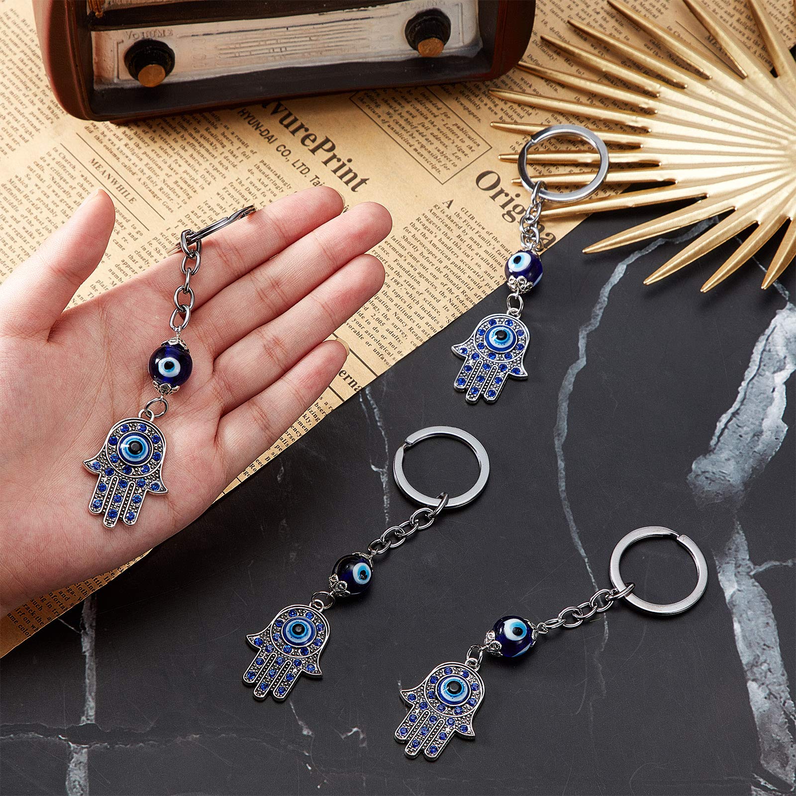 Yaomiao 5 Pieces Hamsa Hand Keychain Evil Eye Silver Keychain Fatima Protection Charms Blue Good Luck Key Holder for Attaching to Keys and Bags