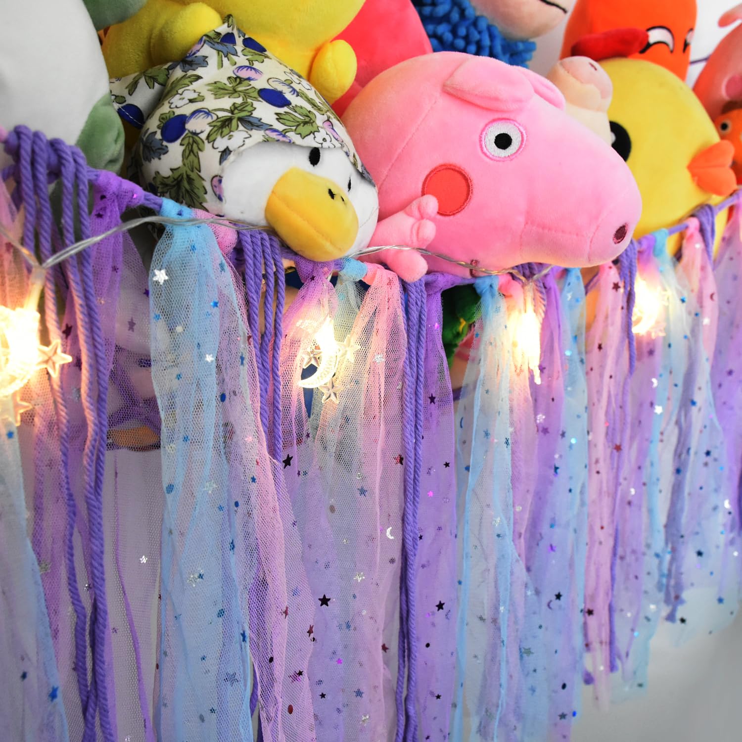 Stuffed Animals Net or Hammock with LED Light, 59 inch Mesh Toy Hammock Net for Stuffed Animals Holder Corner Organizer, Hanging Toy Net Pet Storage with Tassel & Hooks for Nursery Kids Bedroom