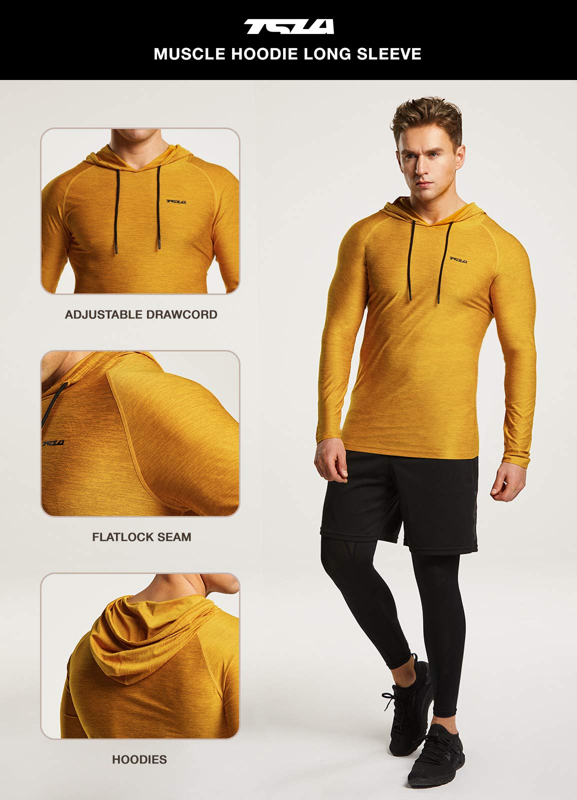TSLA Men's Long Sleeve Pullover, Dry Fit Running Workout Shirts, Athletic Fitness & Gym Shirt, Hoodie Pullover Navy/Red/Yellow, X-Large