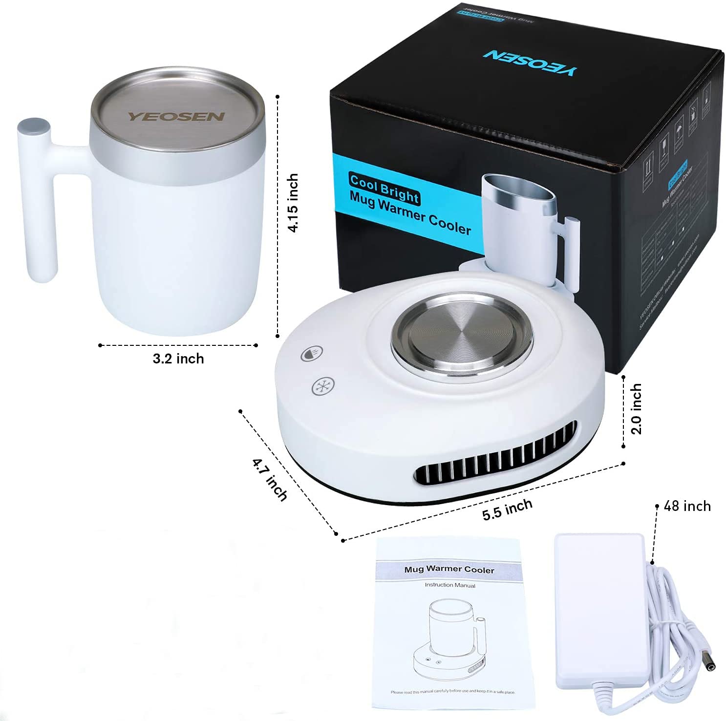 YEOSEN Coffee Mug Warmer and Cooler - 2 in 1 Beverage Warmer and Drink Cooler with Mug, Auto Shut Off Mug Cooler and Warmer for Office Desk Use (Up to 131F or 46F), White