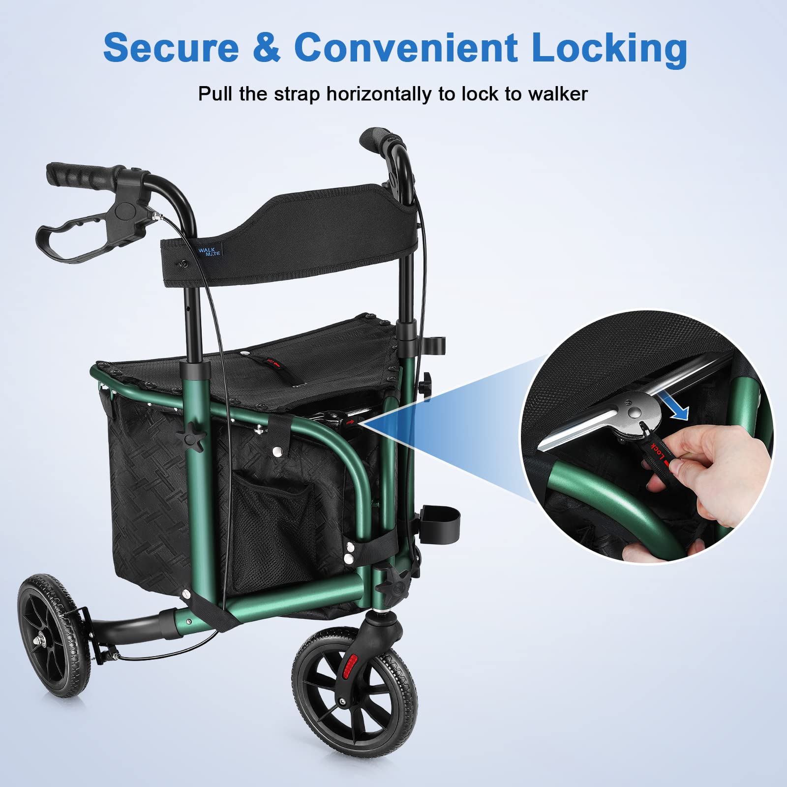 WALK MATE 3 Wheel Rollator Walker with Seat for Slim Seniors, Padded Backrest Lightweight Foldable Walker Ideal for Elderly, 8 Inch Tri-Wheel Modern Mobility Walking Aid Aluminum, Green