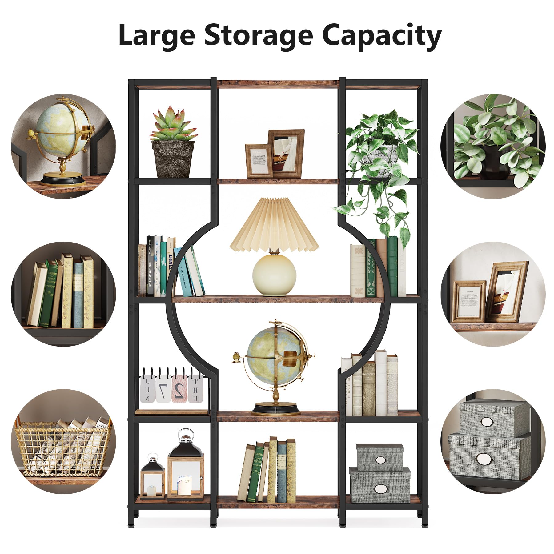 Tribesigns 5-Tier Bookshelf and Bookcase, Vintage Tall Bookcase with 12 Open Display Shelves, Wooden Book Shelving Unit with Metal Frame for Home Office, Living Room, Bedroom