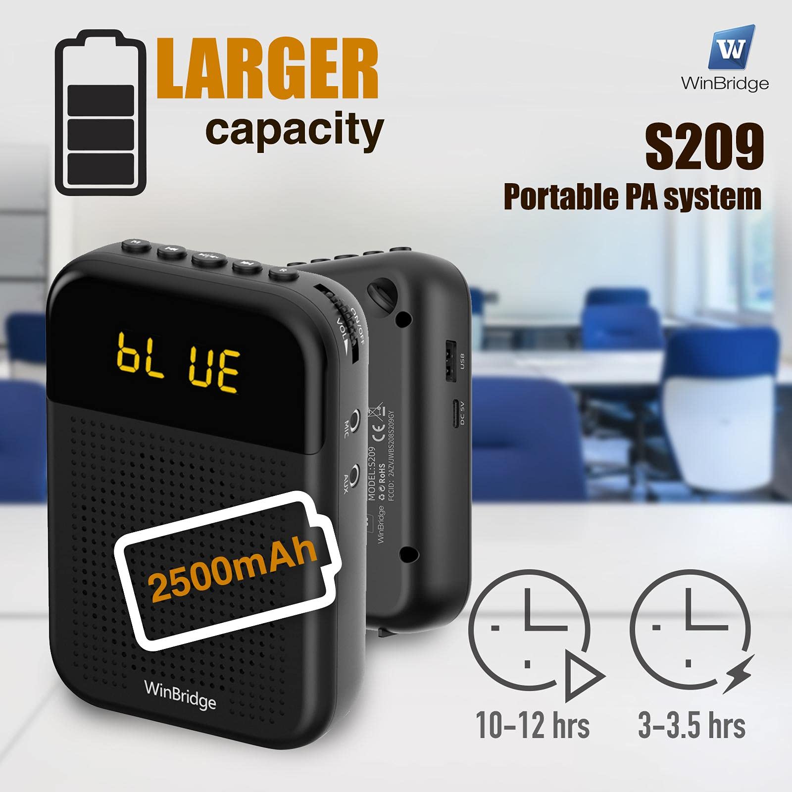 WinBridge Voice Amplifier Portable Speaker with Wired Microphone Headset 16W | 2500mAh Larger Capacity Mini Pa System Support Bluetooth | Record | Mute | LED Display for Teachers S209