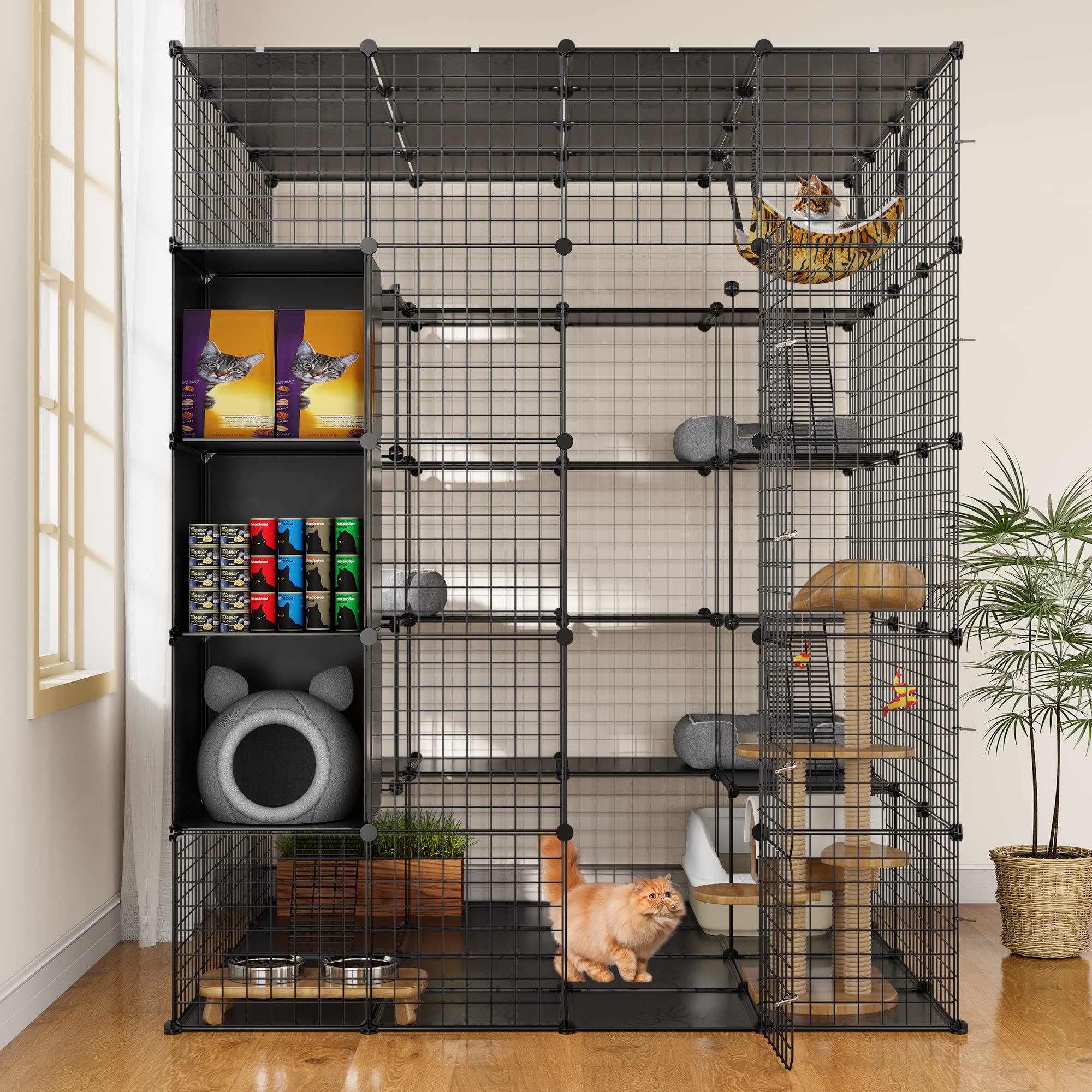 YITAHOME Cat Cage Indoor Large with Storage Cube DIY Outdoor Cat Enclosures Metal Cat Playpen with Hammock Platforms for 1-4 Cats 5 Tiers Cat Kennel Catio