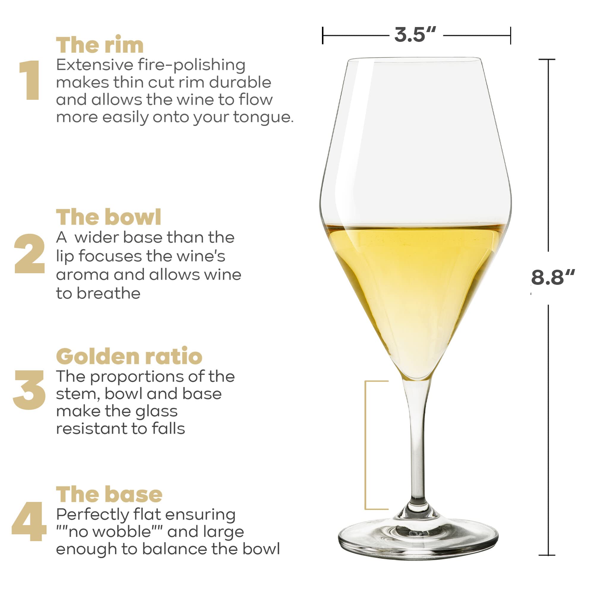 White Wine Glasses Set of 6, 16 oz, Modern Elegant, True Czech Lead-free Durable Crystal Wine Glass