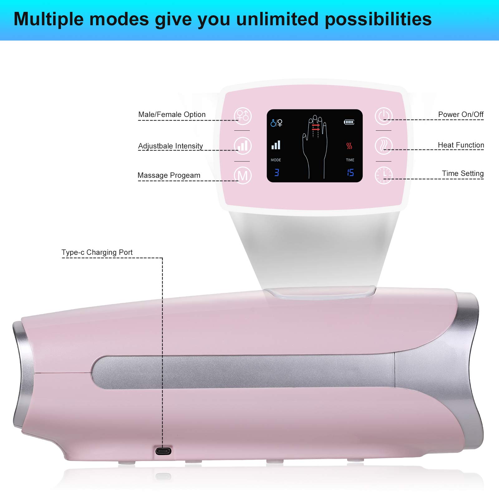 ZOEES Compression Air Pressure Cordless Hand Massager Machine with Heat Compression Air Pressure Point Therapy Massager for Arthritis, Carpal Tunnel, Pain Relief & Hand, Wrist and Palm Massager-Pink