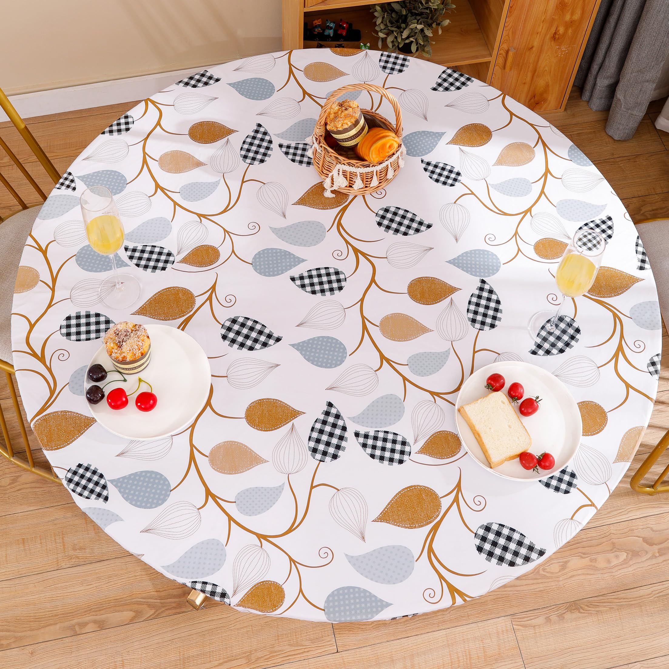 Round Vinyl Fitted Tablecloth with Flannel Backing Elastic Edge Design Table Cover Waterproof Oil-Proof PVC Table Cloth Stain-Resistant Wipeable for Round Table