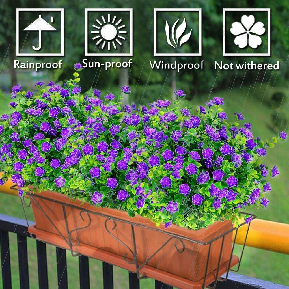 ZWYOQI 8 Bundles Artificial Flowers Outdoor UV Resistant Fake Plastic Plants Faux Greenery Shrubs Indoor Outside Hanging Planter Home Kitchen Office Wedding Garden Décor (Purple/8pcs)