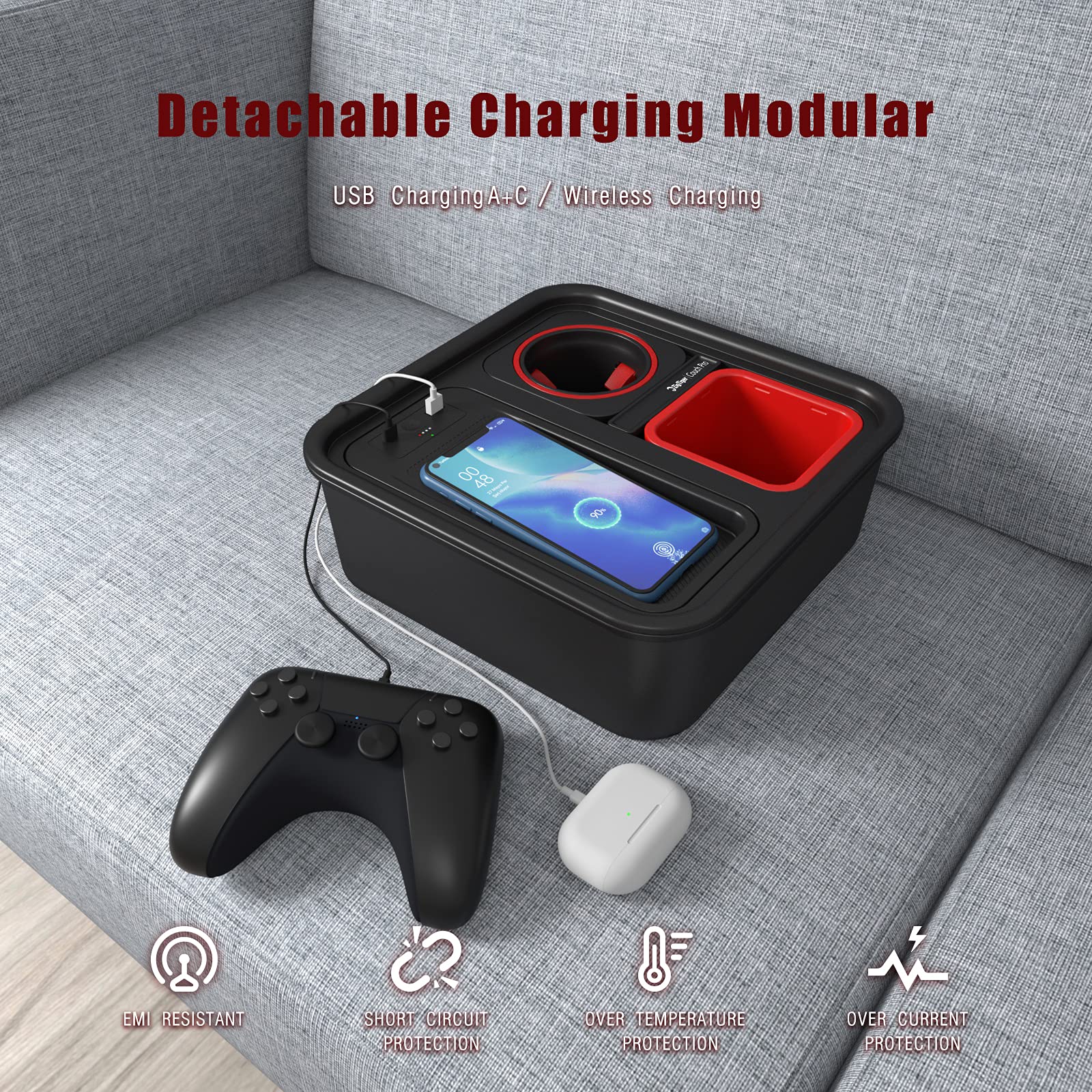 Zigtiger Cup Holder Tray, Couch Organizer with Wireless Power Bank & Snack Cup, Sofa Tray Couch Caddy Couch Arm Table, Self Balancing Console for Sofa, Bed, Car, Beach, Travel, Video Gaming, Black