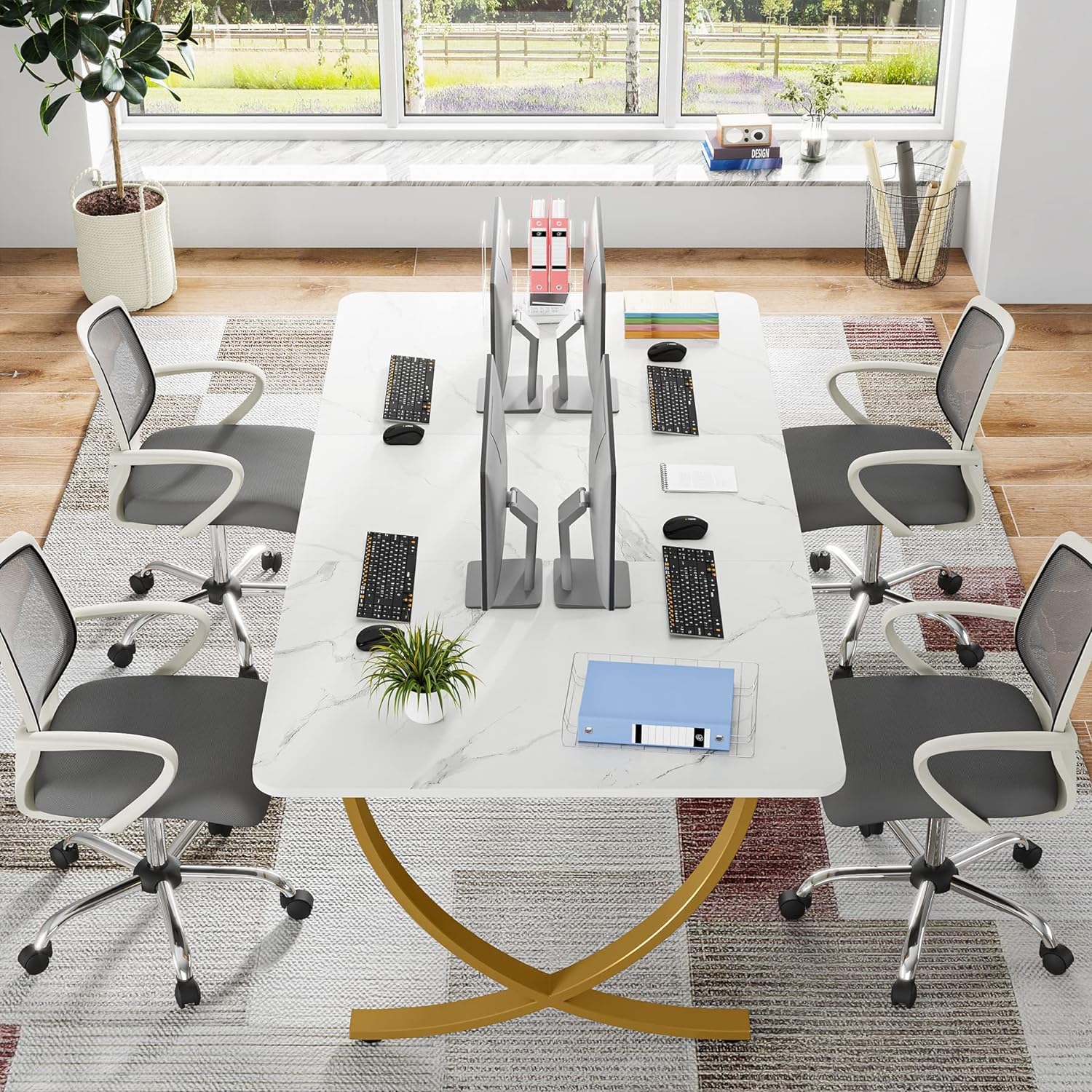 Tribesigns Executive Desk, 63β W x 31.5β D Large Office Desk, Modern Computer Desk Conference Table Meeting Room Table, Business Furniture for Home Office, White and Gold