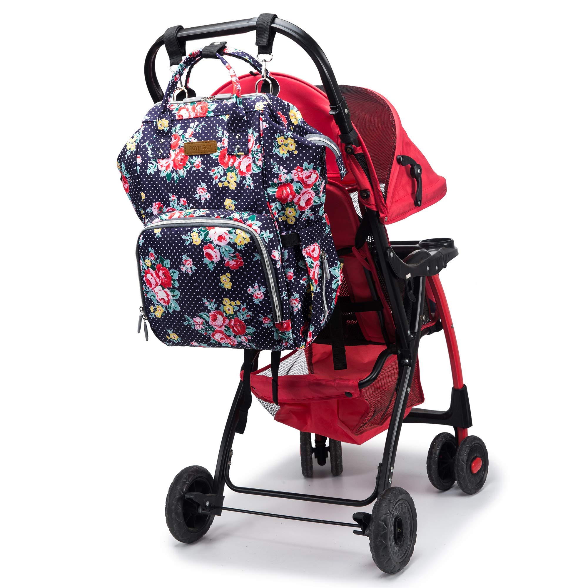 ROYALFAIR Diaper Bag Backpack Large Capacity Mummy Bag For Baby Care With Stroller Straps in Flower Pattern