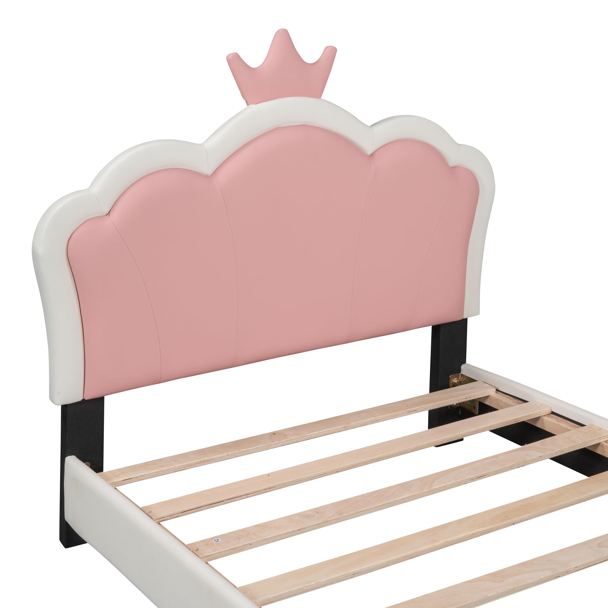 Upholstered Platform Bed, Pink Cute Cartoon Elements Princess Bed Fun Bed, Wood Twin Size Bed Frame with Crown Shaped Headboard, Kids Bedroom Furniture Cute Bed Upholstered Bed