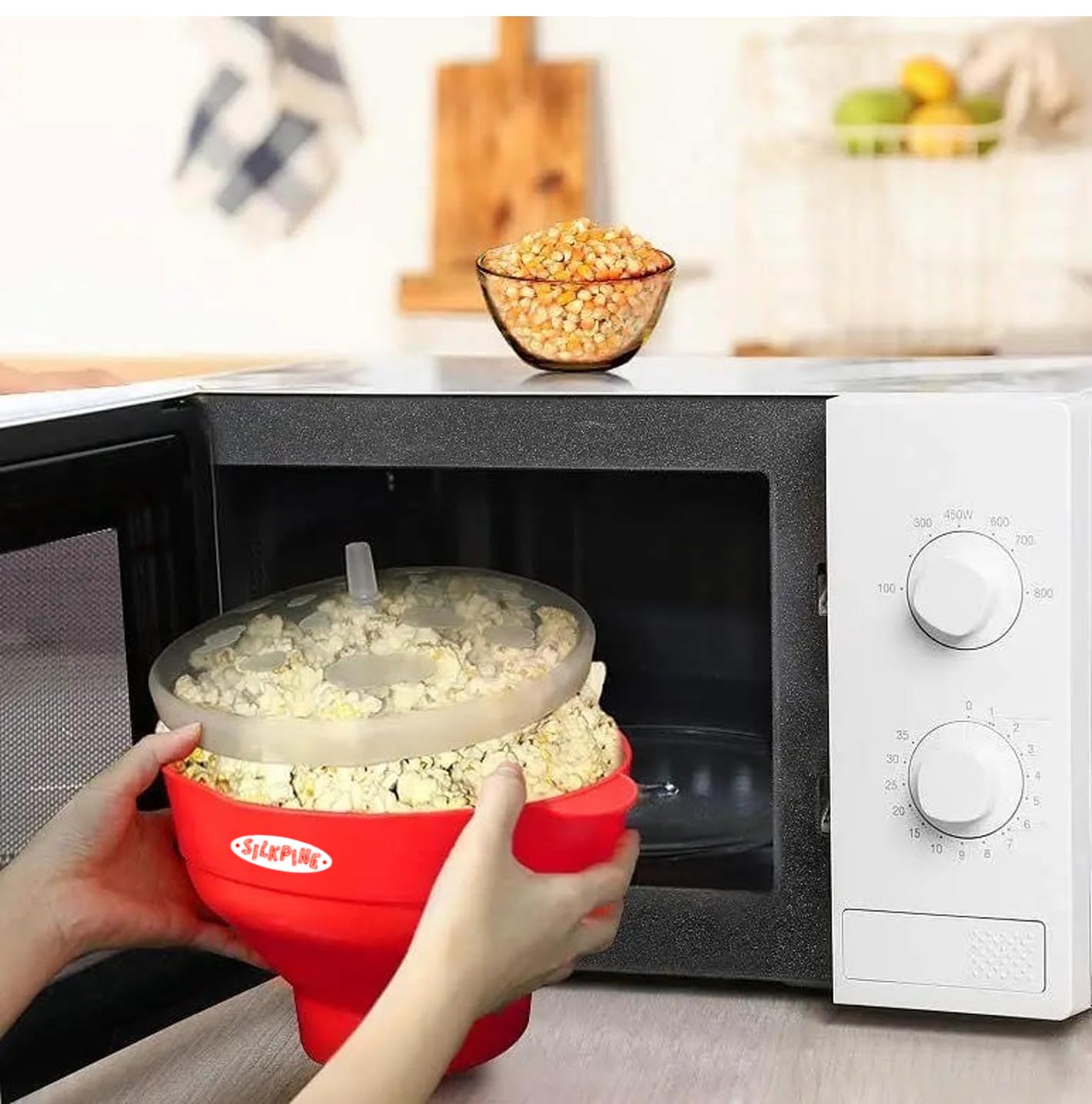 The Original Silkpine Microwaveable Silicone Popcorn Popper Machine, Collapsible Microwave Popcorn Maker Bowl, BPA Free Microwave Popcorn Popper, Dishwasher Safe (Blue)