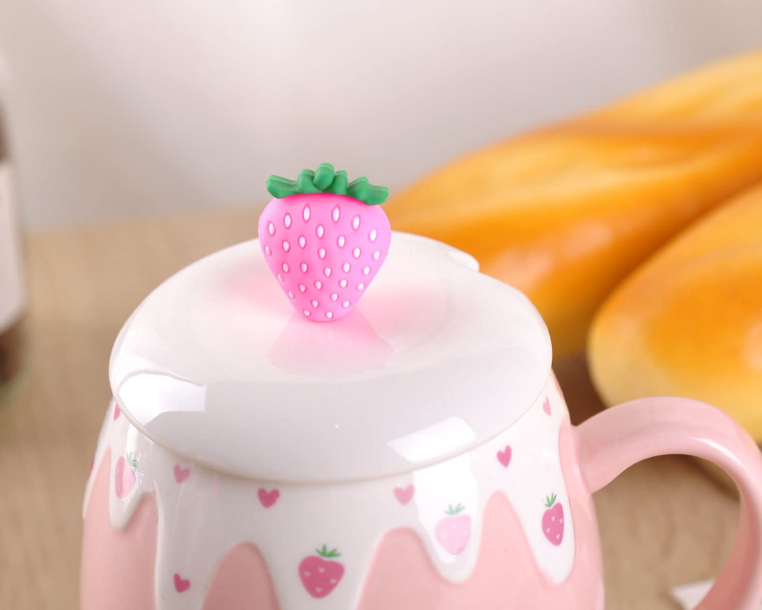 WHJY Pink Female Coffee Cup Mug, Strawberry Korean Lovely Student Ceramic Breakfast Cup with Lid and Spoon – 450ml/15oz, Pink D