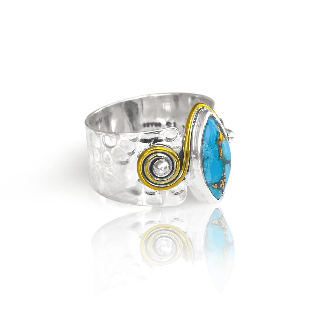YoTreasure 7x13 Blue Turquoise Ring .925 Sterling Silver Spiral Brass Hammered Wide Band