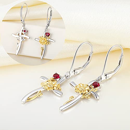YL Sunflower Cross Earrings Sterling Silver Dangle Drop Earrings Created Ruby Religious Leverback Jewelry for Women