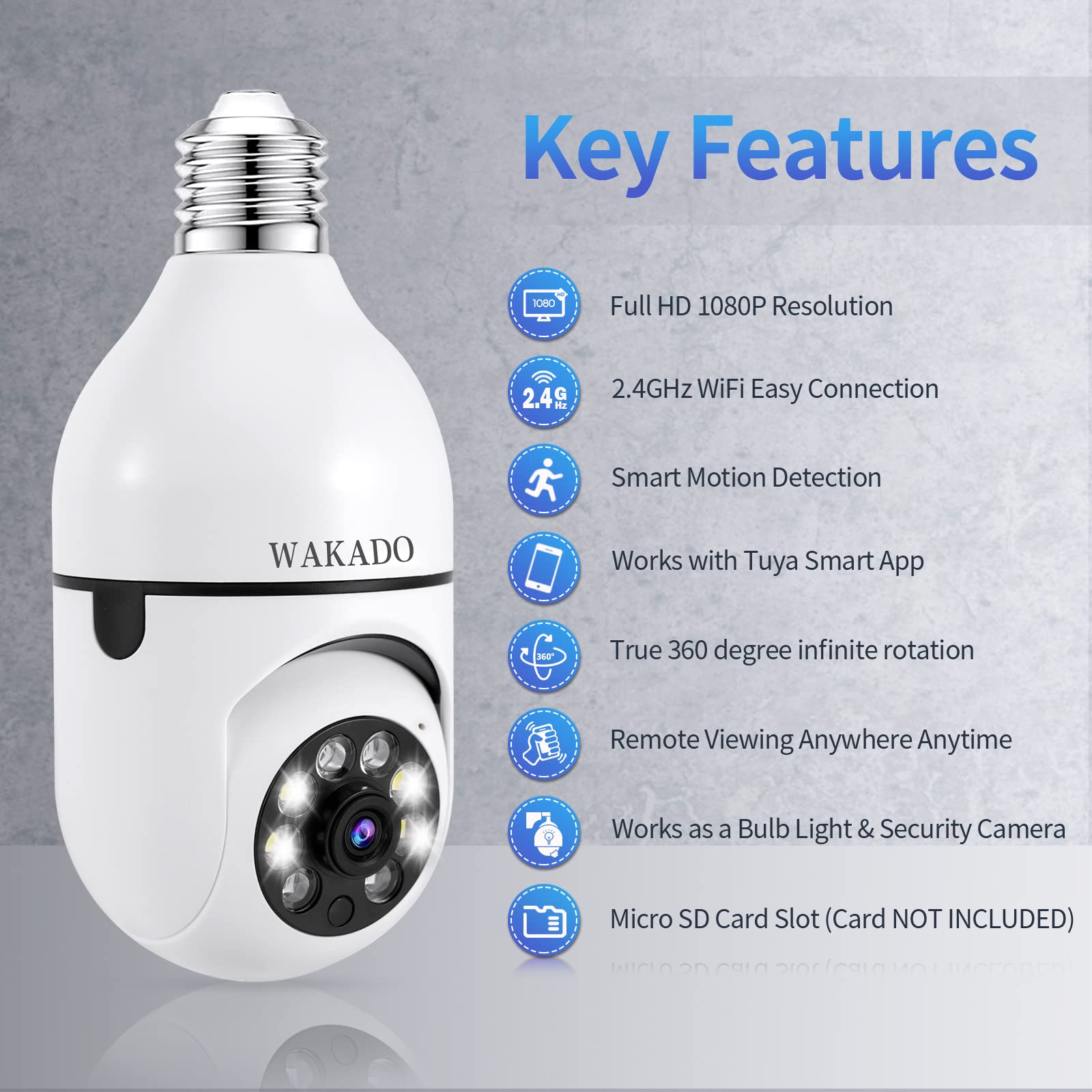 WAKADO Wireless Light Bulb Security Camera 1080P 360 Degree Pan Tilt Wireless Floodlight Night Vision with Floodlight Human Motion Detection and Alarm(2packs