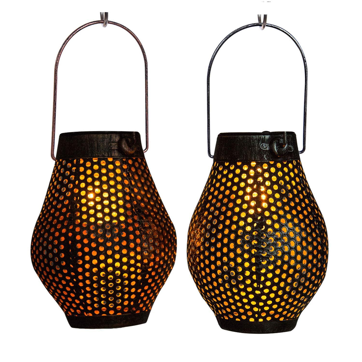 Solar Tabletop Lanterns Decorative Solar Lantern Hanging Retro Hollow Lights Metal Waterproof Table Lamp with Handle for Outdoor Patio Garden Backyard Decorative,2 Pack