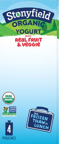 Stonyfield Organic Kids Whole Milk Yogurt Pouches 3.5 oz. Each Ct – Real Fruit Veggie, Pear Spinach Mango, (Pack of 4)