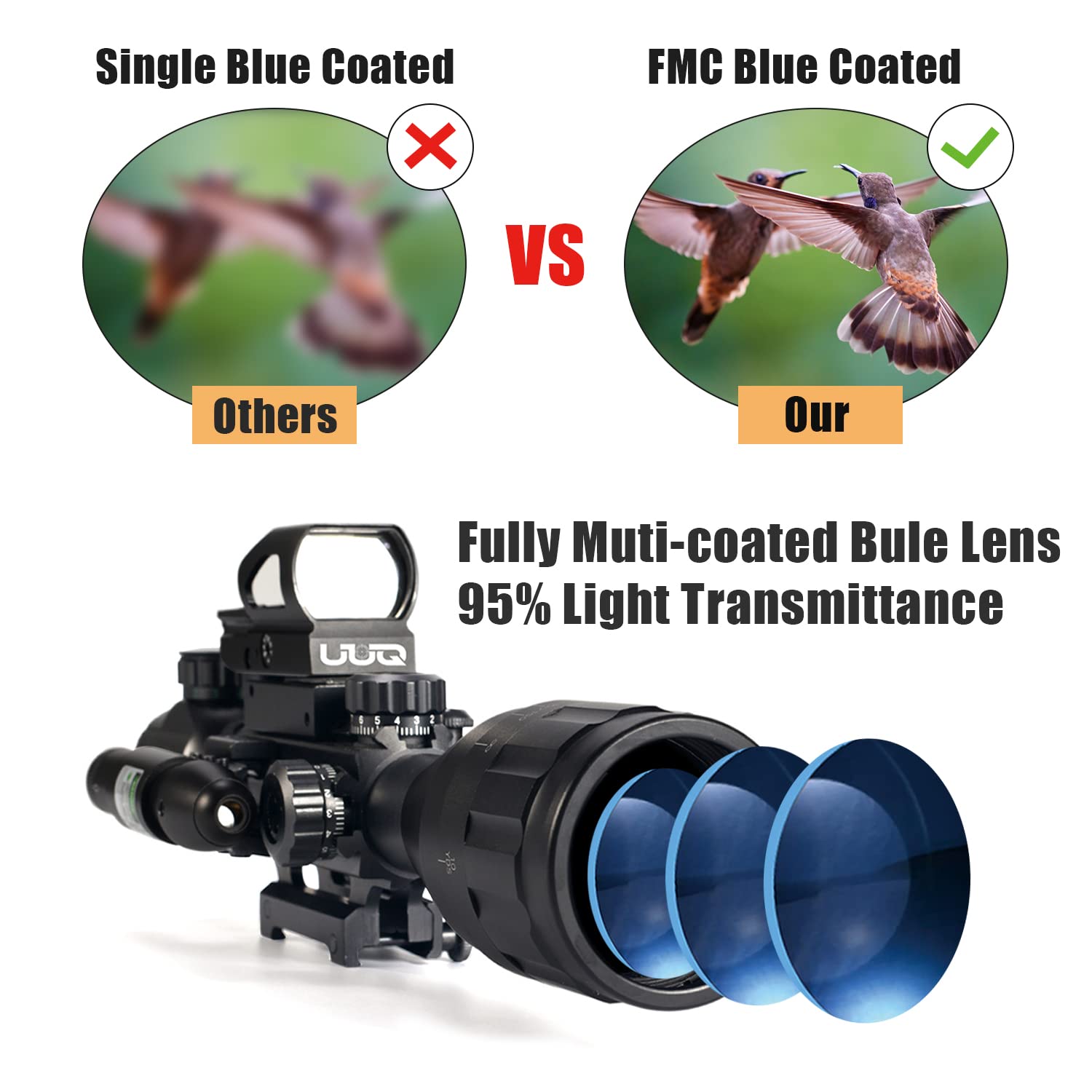 UUQ 4-12X50 AO Rifle Scope Red/Green Illuminated Range Finder Reticle W/Green Laser - Holographic Reflex Red Dot Sight - 5 Brightness Modes Flashlight (4-12X50 AO)